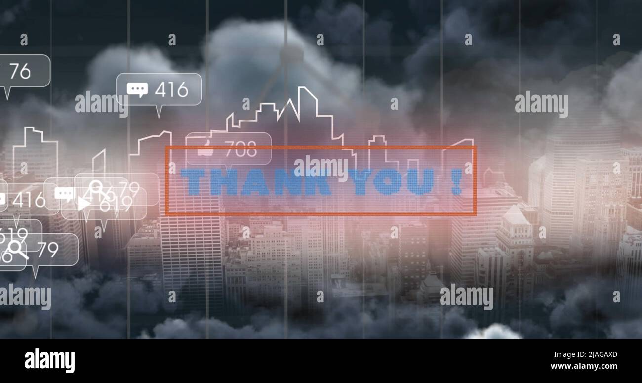 Image of thank you text and numbers growing over cityscape. global ... Image of thank you text and numbers growing over cityscape. global ...