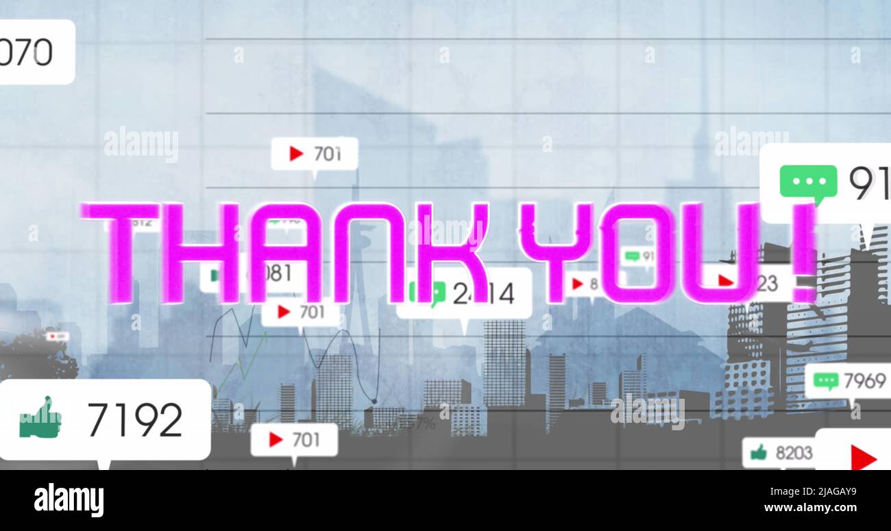 Image of thank you text and numbers growing over cityscape. global ...