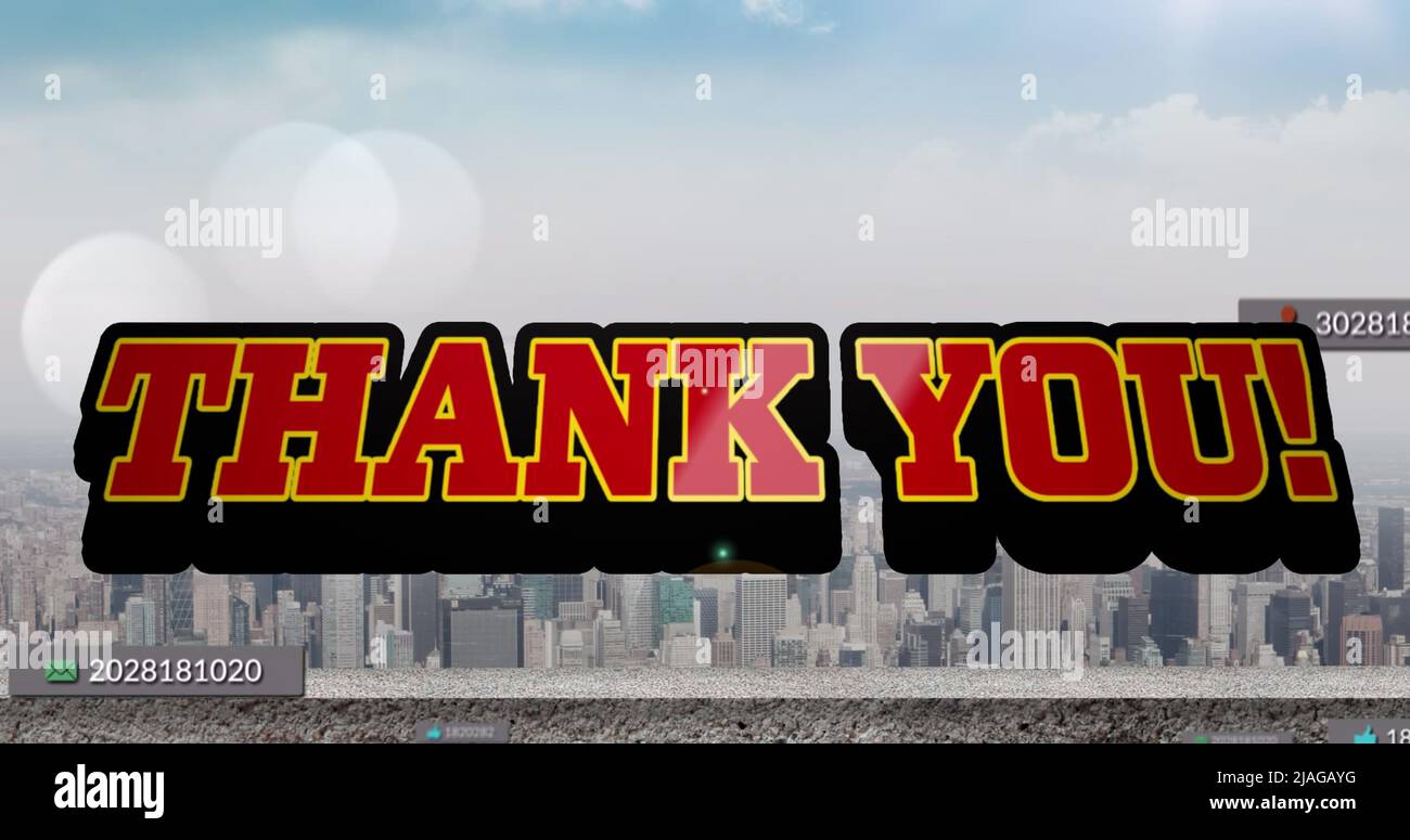 Image of thank you text and numbers growing over cityscape. global ...