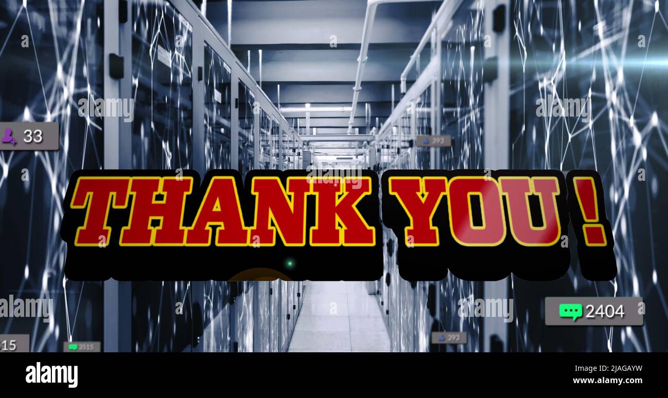 Image of thank you text and numbers growing over server room. global ...