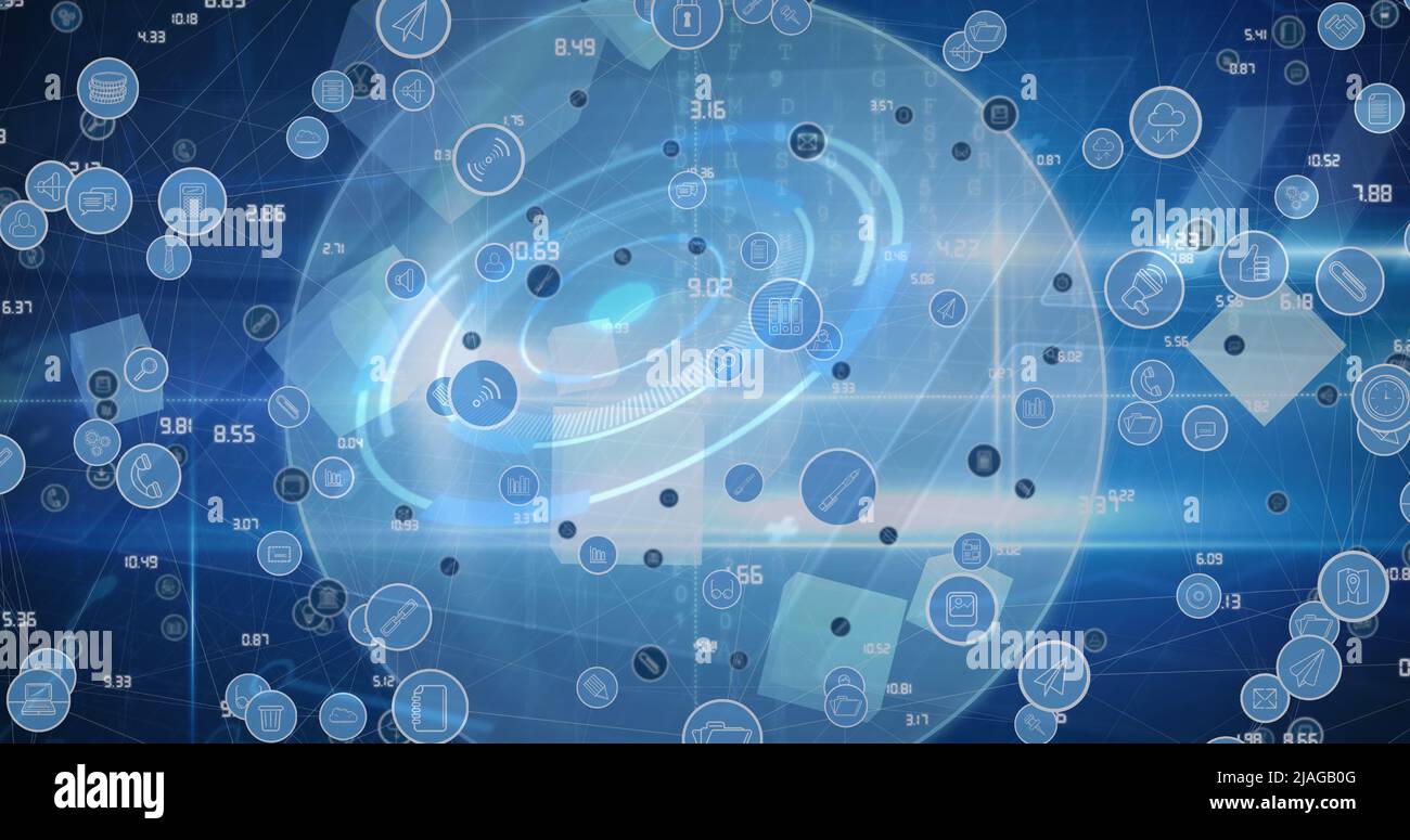 Digital image of network of multiple digital icons against round scanner on blue background ...