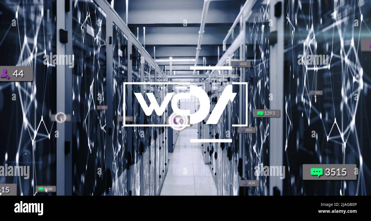 Image of wow text and numbers growing over server room. global social ...