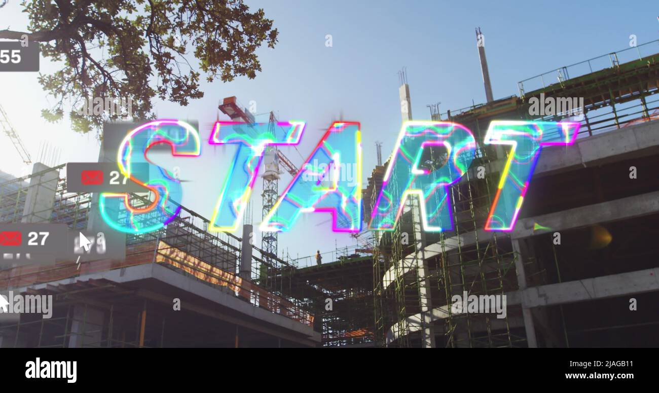 Image of start text and numbers growing over cityscape. global social ...