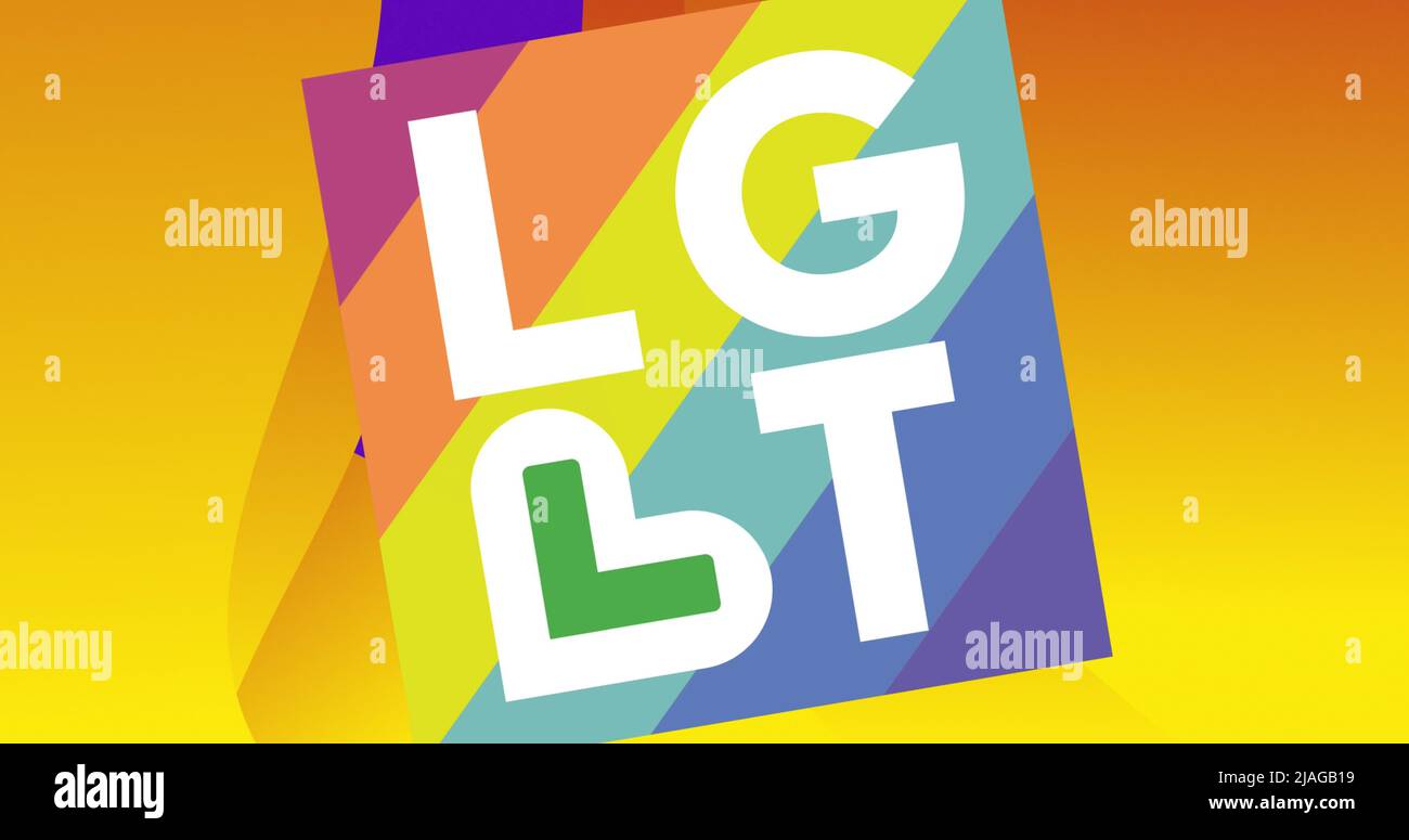Image of lgbt text on yellow and blue background. global social media ...