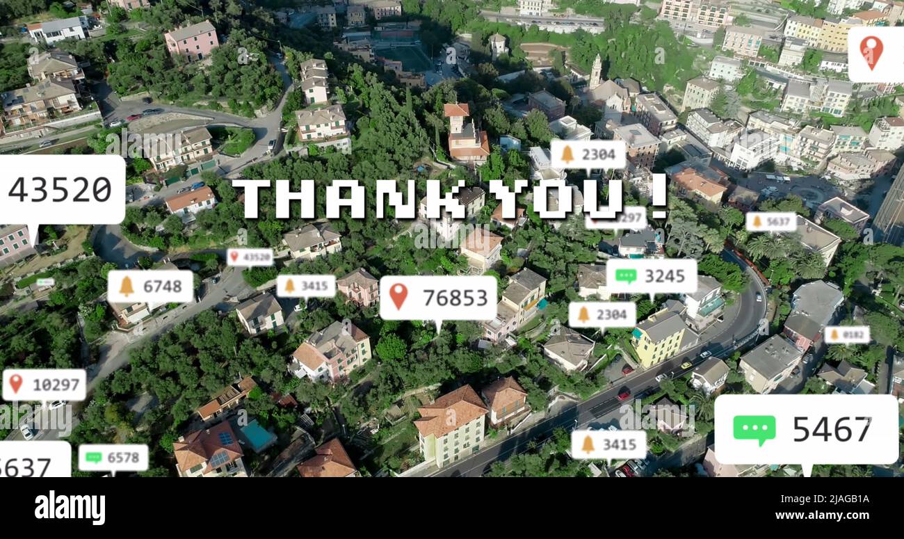 Image of thank you text and numbers growing over cityscape. global ...