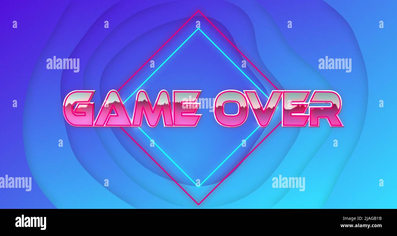 Game over pink text over neon banner against abstract textured blue ...