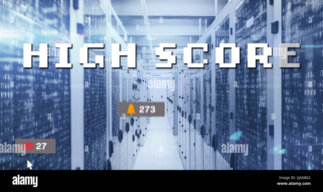 Image of high score text and numbers growing over server room. global ...