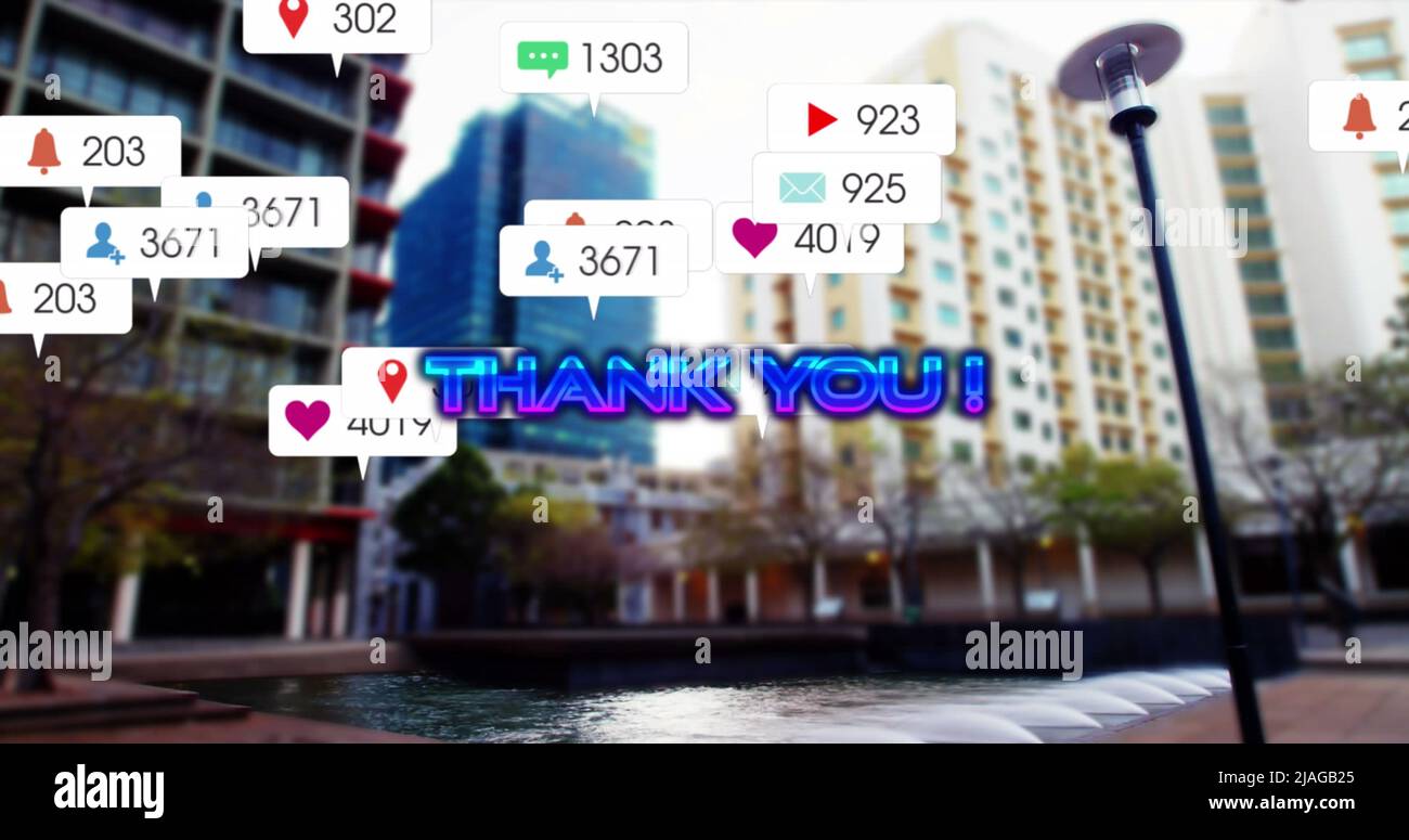 Image of thank you text and numbers growing over cityscape. global ...