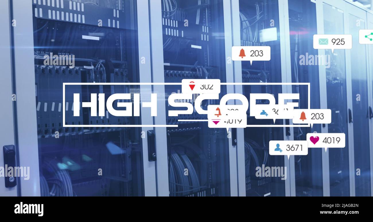 Image of high score text and numbers growing over server room. global ...
