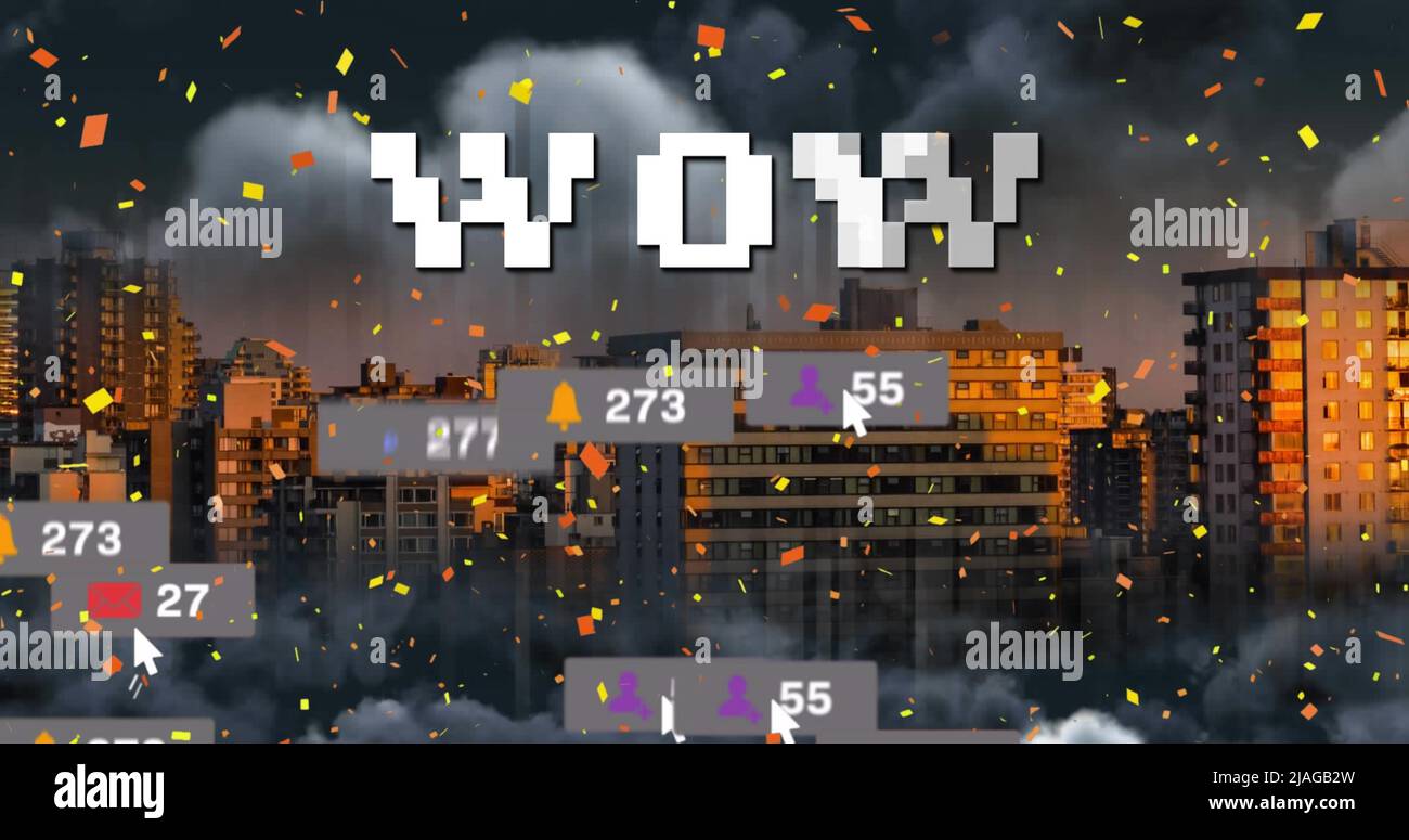 Image of wow text and numbers growing over cityscape. global social ...