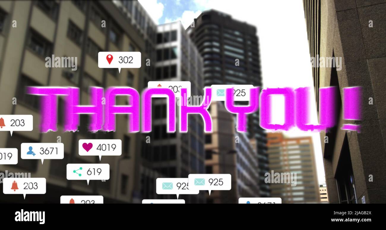 Image of thank you text and numbers growing over cityscape. global ...