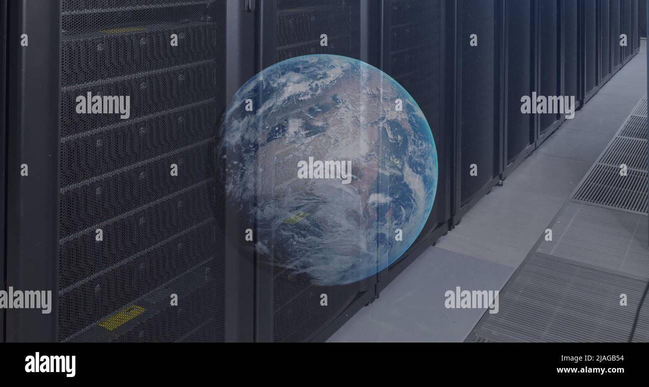 Image Of Globe Over Server Room Cloud Computing And Data Processing