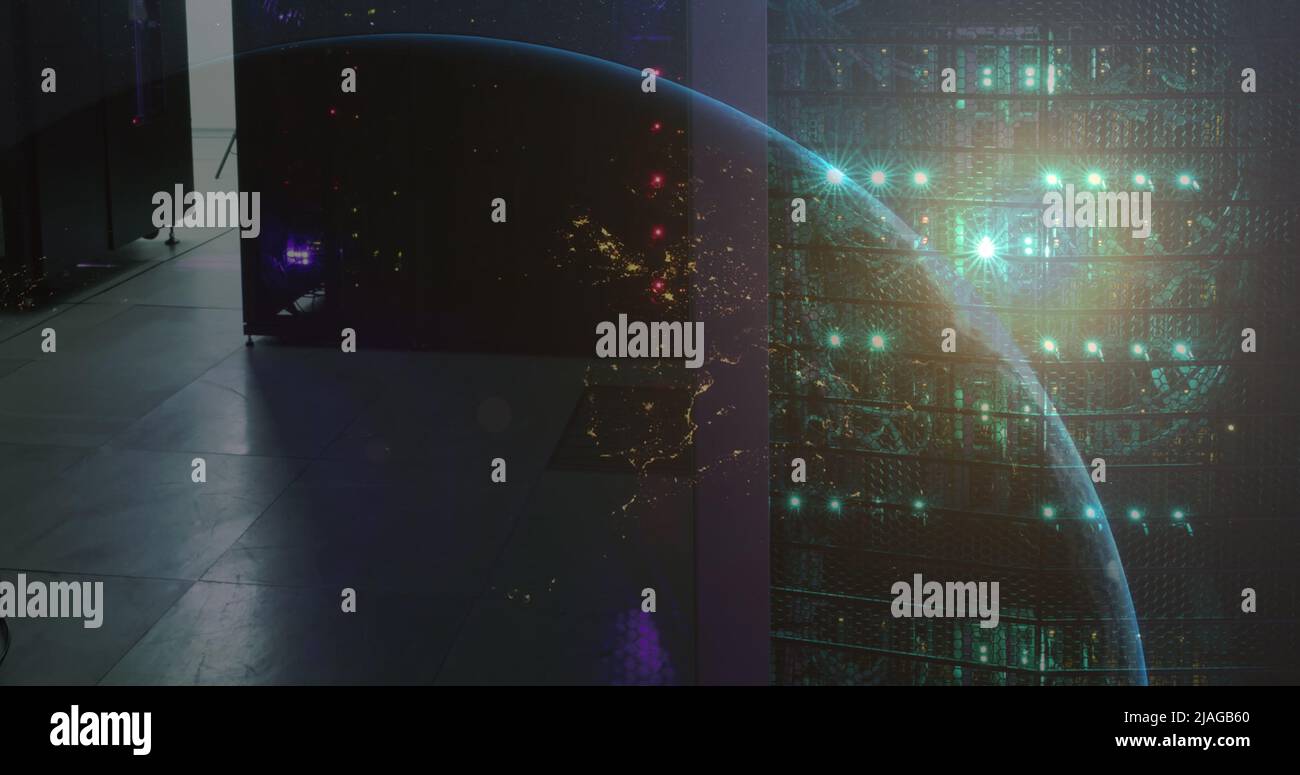Image Of Globe Over Server Room Cloud Computing And Data Processing Concept Digitally Generated