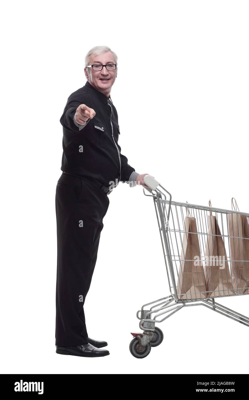in full growth. happy old man with a shopping cart Stock Photo - Alamy