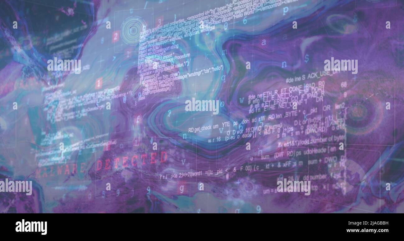 Image of cyber attack warning and data processing over moving ...