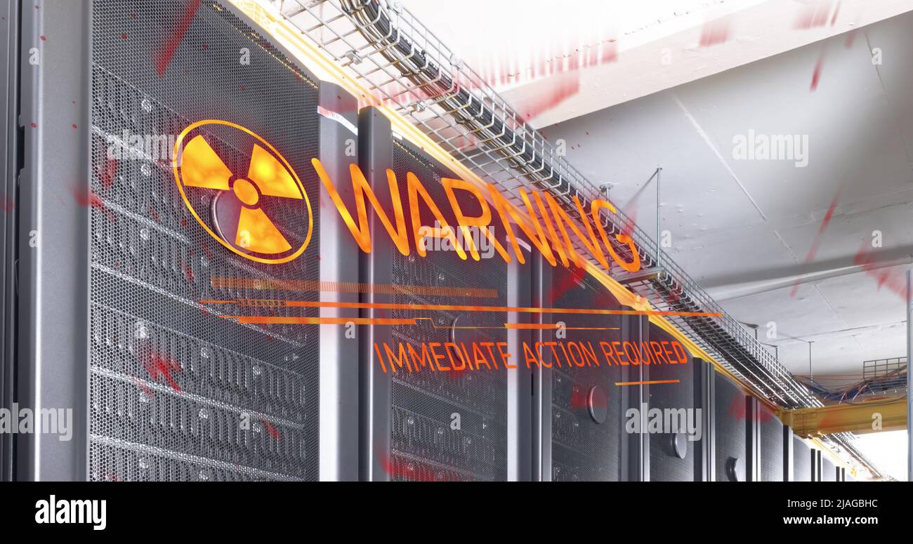 Image of warning text and symbol over server room Stock Photo - Alamy