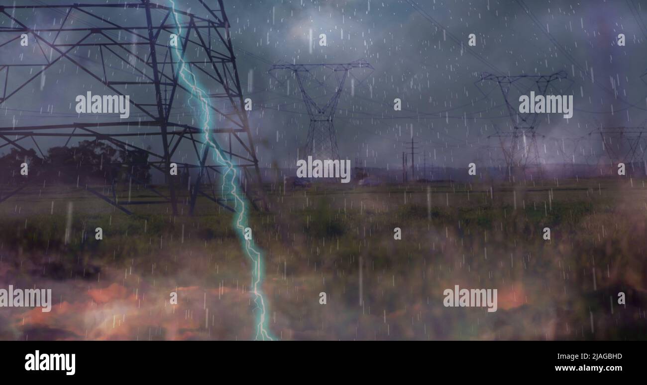 Image of heavy rain, storm with lightning and grey clouds over electric ...