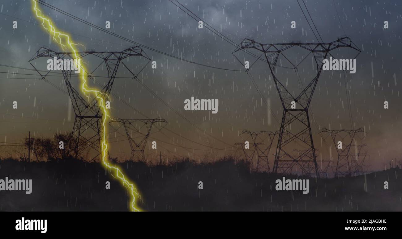 Image of heavy rain, storm with yellow lightning and grey clouds over ...