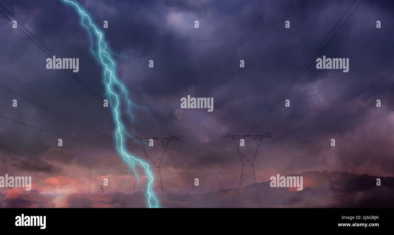 Image of storm with blue lightnings and grey clouds over electric ...