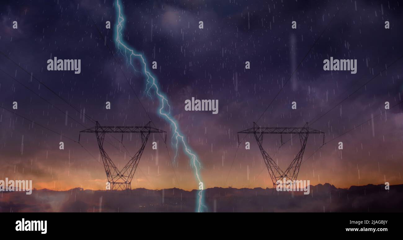 Image of rain and storm over electricity poles at sunset Stock Photo ...