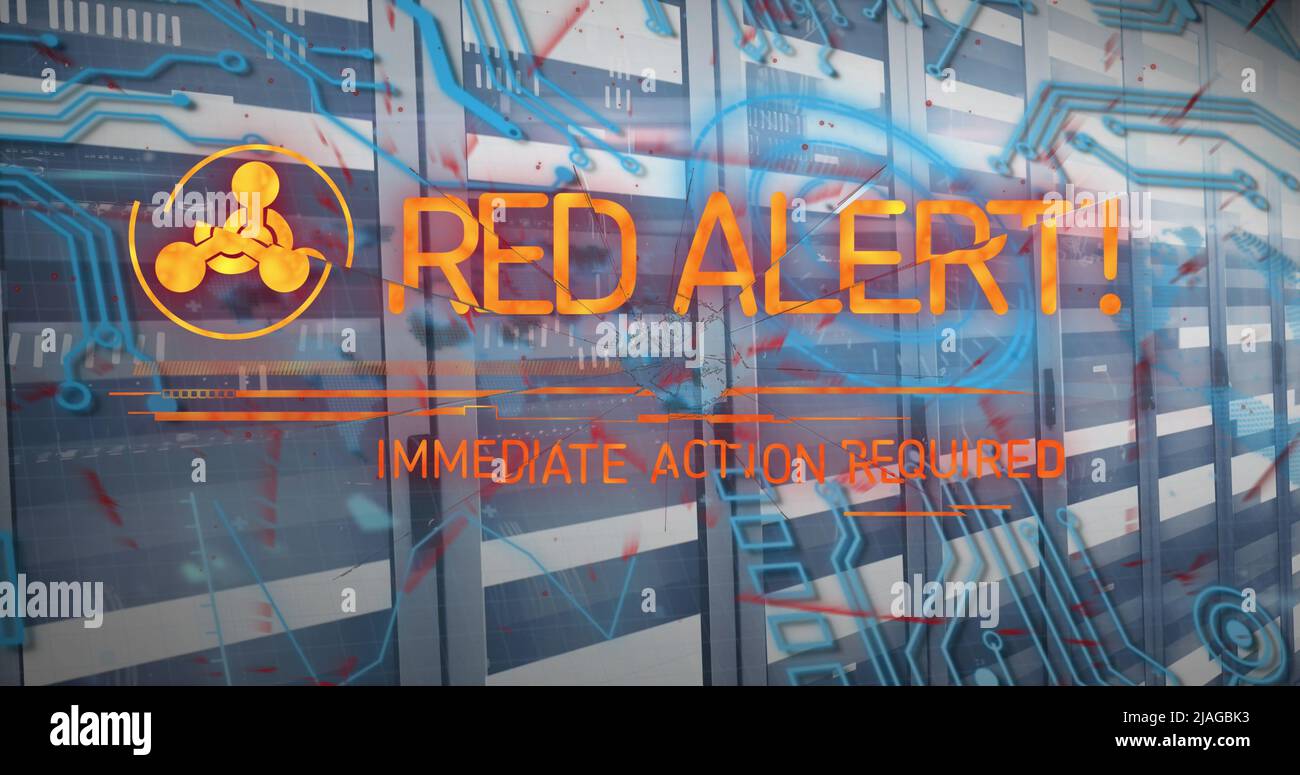 Image of red alert text and symbol over server room Stock Photo - Alamy