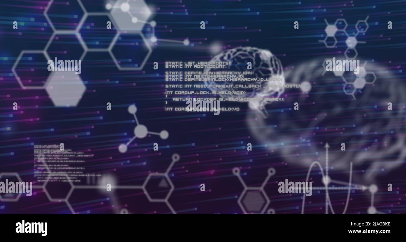 Image of scientific data processing on navy background with lights ...