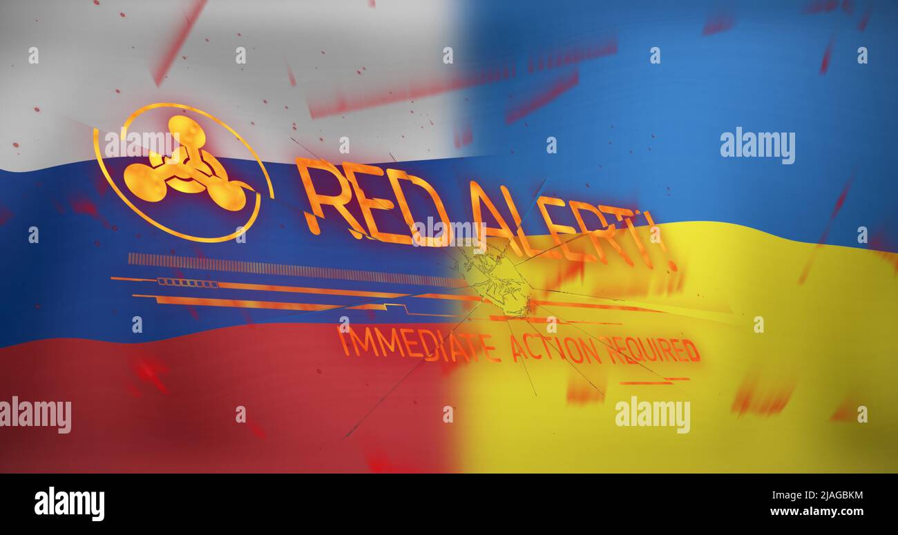 Image of red alert text and symbol over flags of russia and ukraine ...