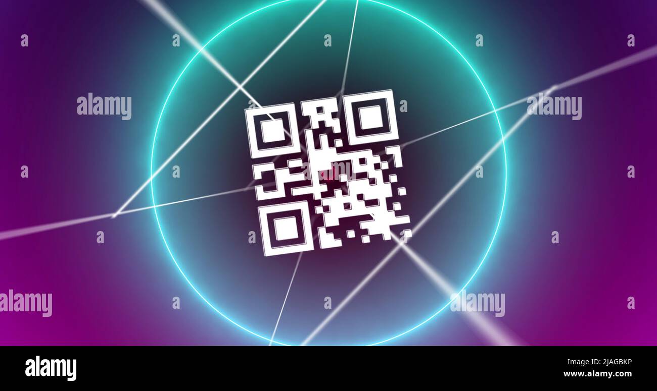 Image of neon circles over qr code rotating on violet background Stock ...