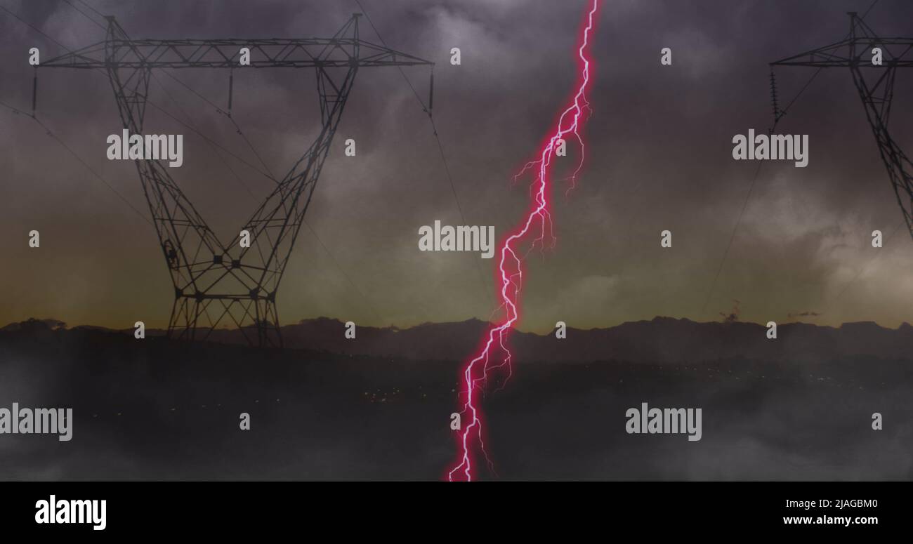 Image of storm with pink lightning and grey clouds over electric pylons ...