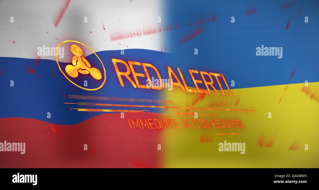 Image of red alert text and symbol over flags of russia and ukraine ...