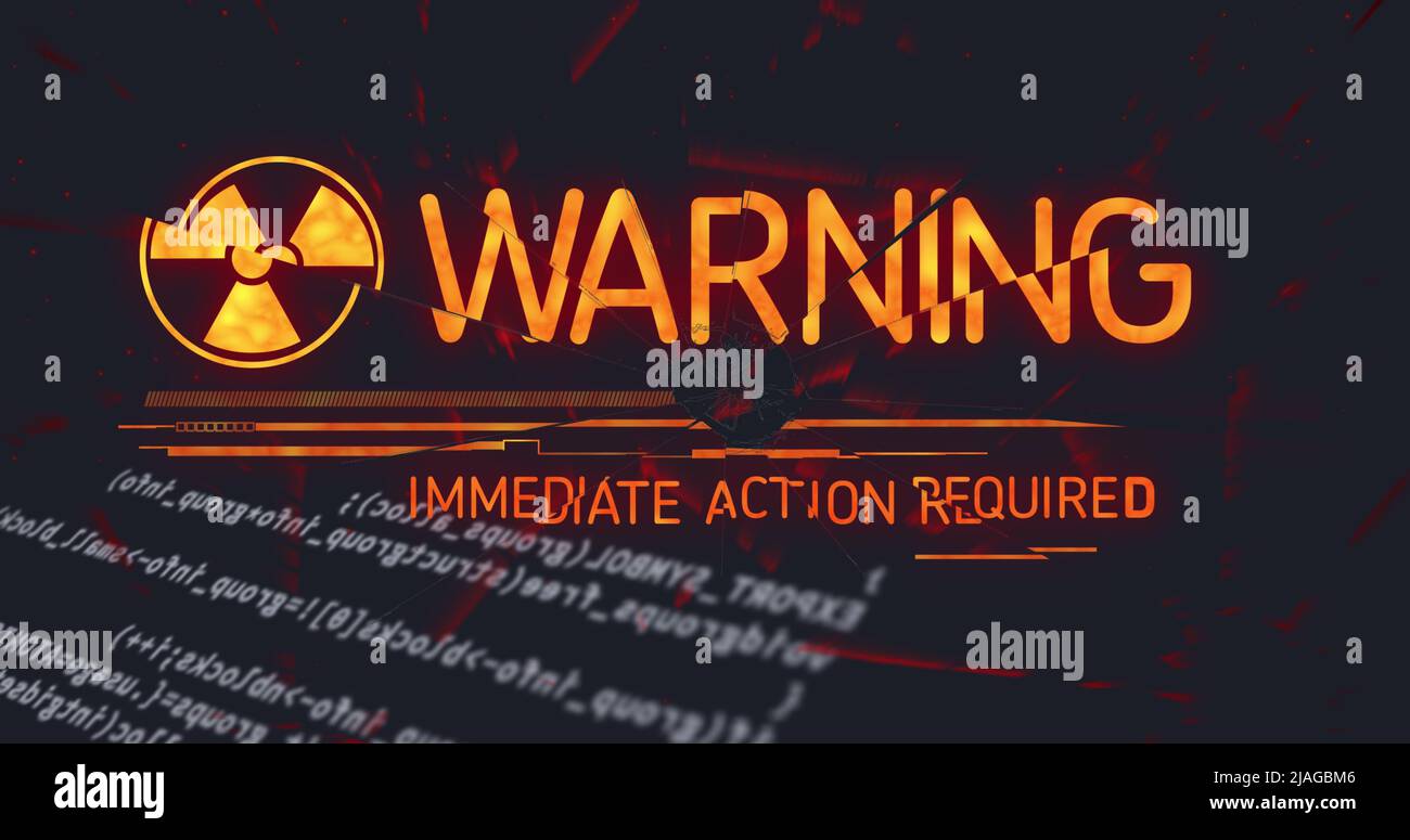 Image of warning text and symbol over data processing on black ...