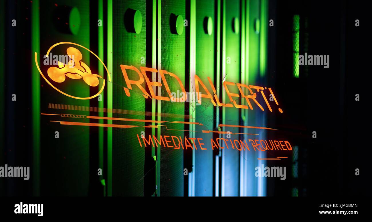 Image of red alert text and symbol over server room Stock Photo - Alamy