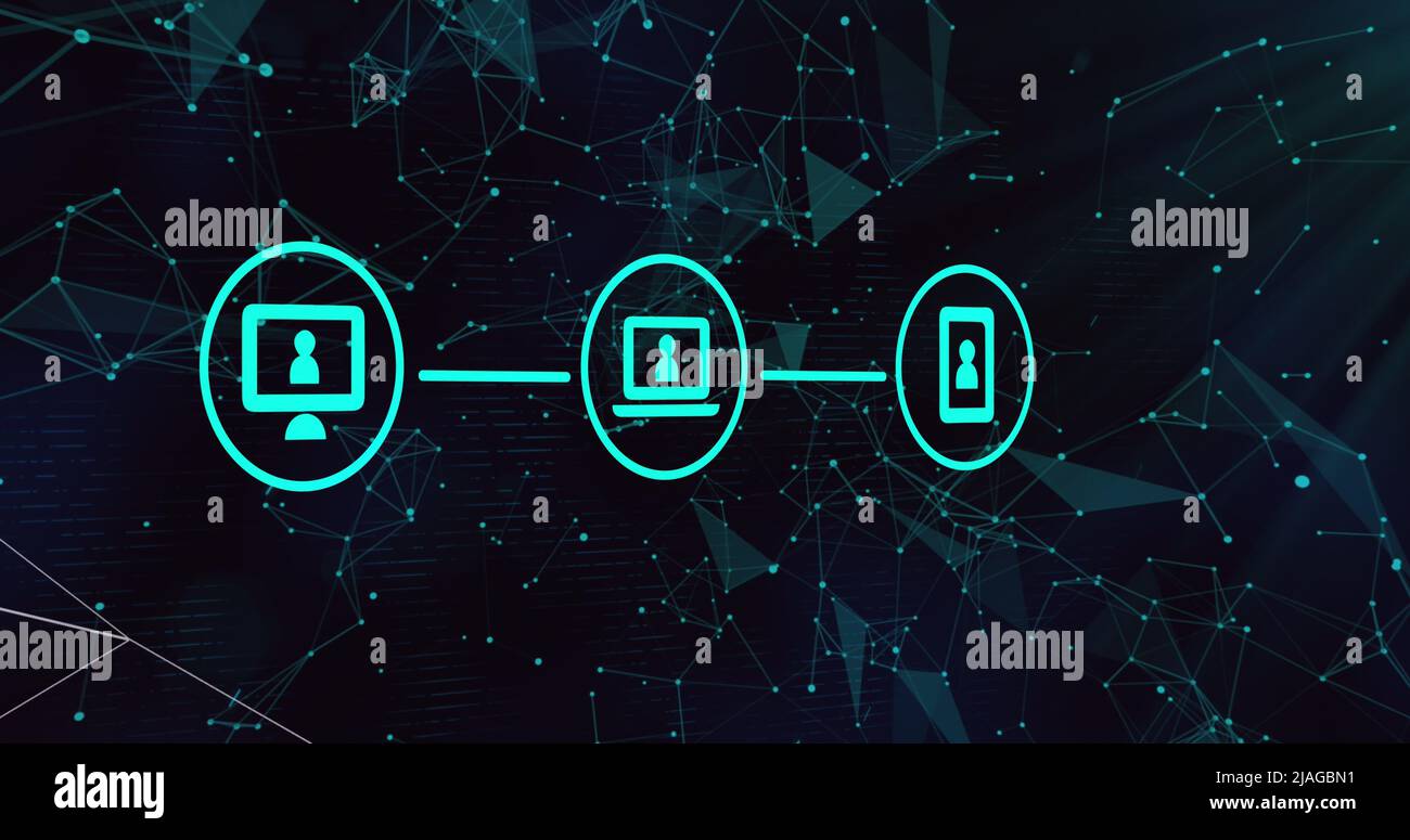 Image of technology icons over black background with connections and ...