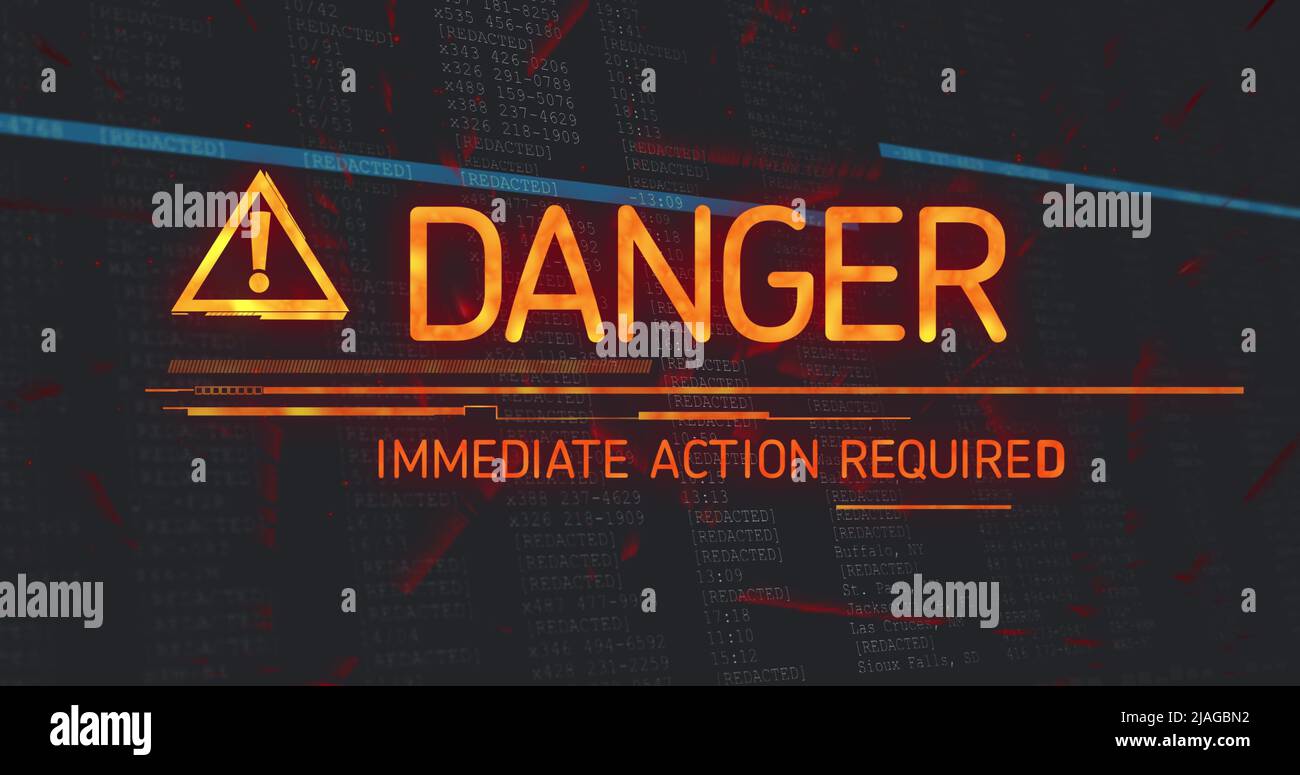 Image of danger text and symbol over data processing Stock Photo - Alamy