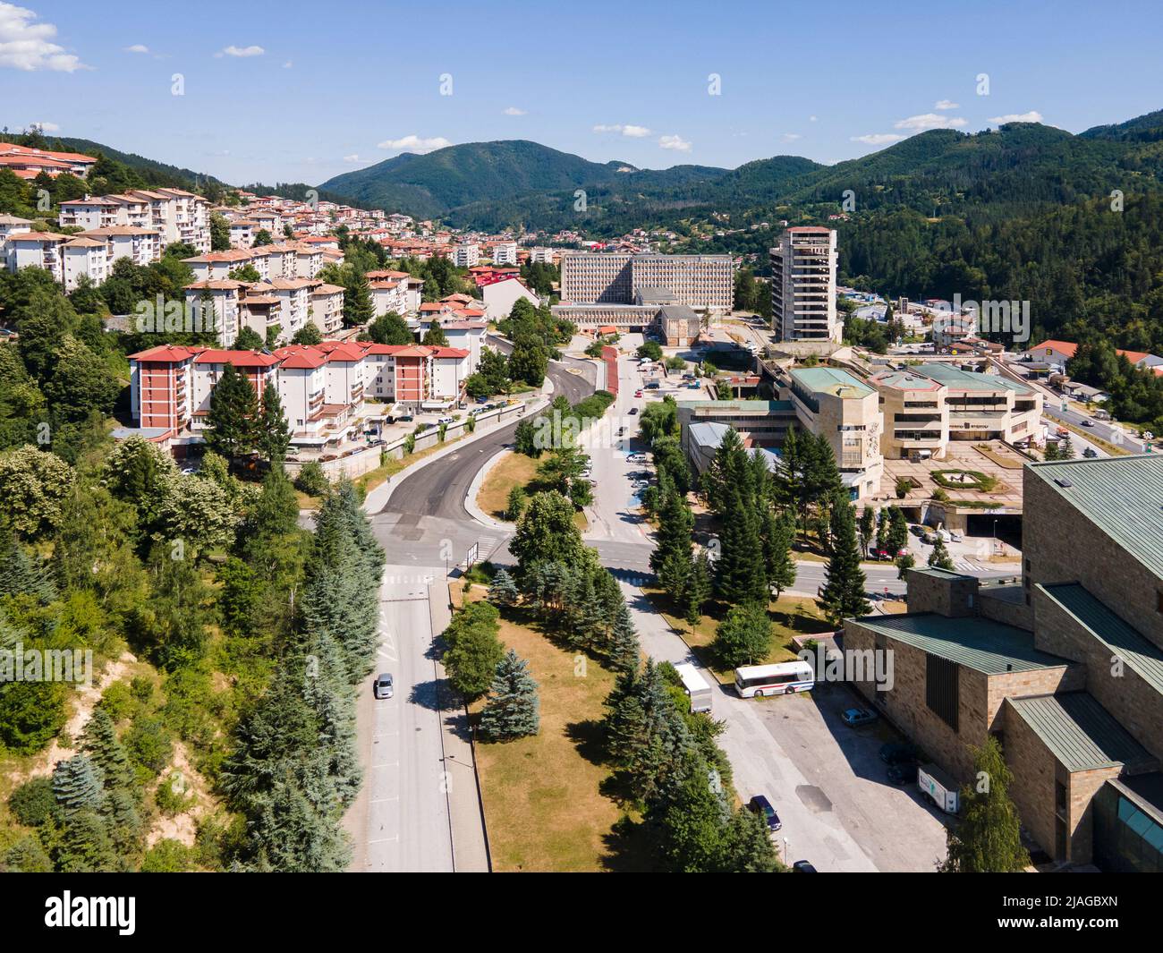 Amazing Aerial view of Center of the town of Smolyan, Bulgaria Stock ...