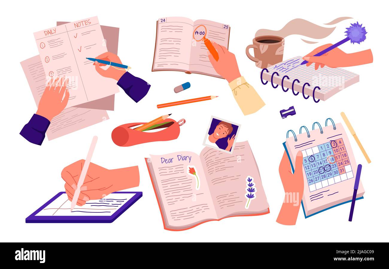 Human hand writing notes in different notebooks Stock Vector Image ...