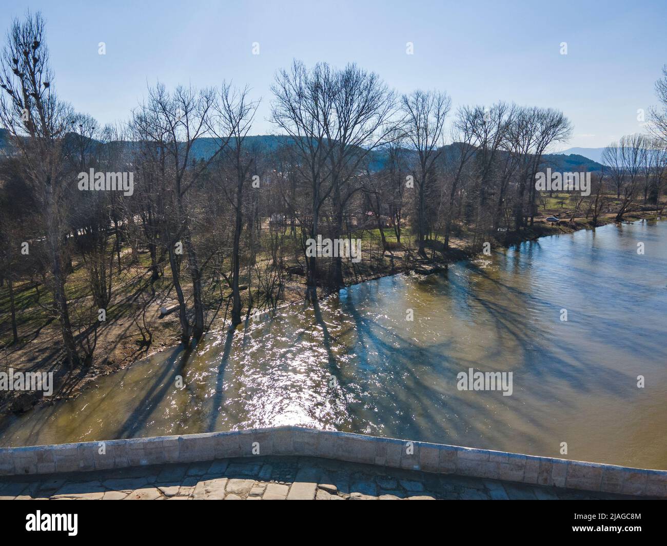 Aerial view of Kadin most - a 15th-century stone arch bridge over the ...
