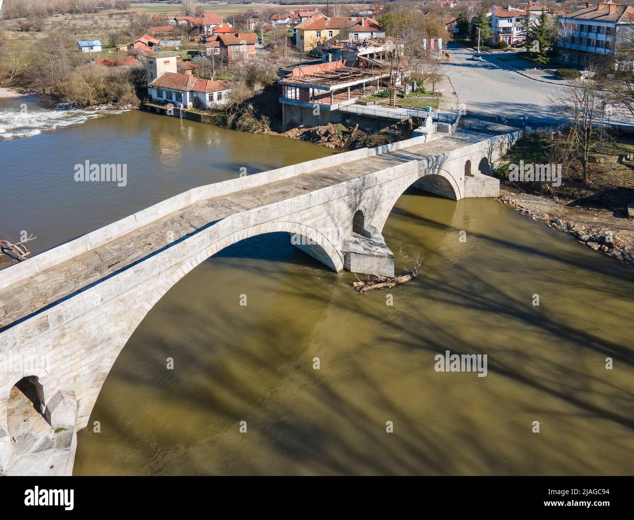 Aerial view of Kadin most - a 15th-century stone arch bridge over the ...