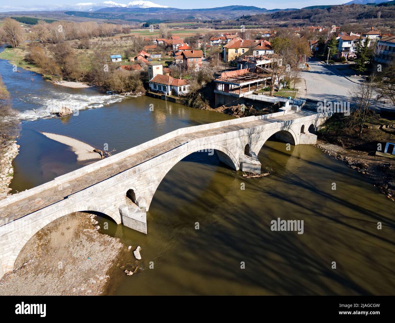 Aerial view of Kadin most - a 15th-century stone arch bridge over the ...