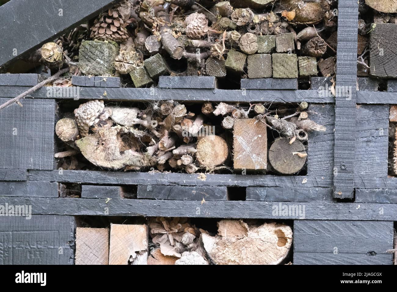 Bug house closeup, selective focus. Insect hotel in British garden ...