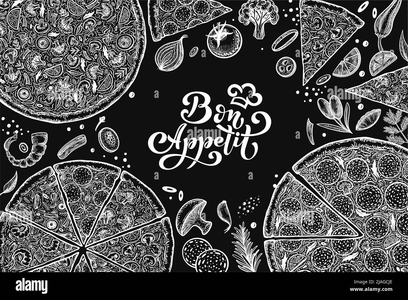 Pizza and ingredients. Hand drawn pizzeria menu template. Set of ...