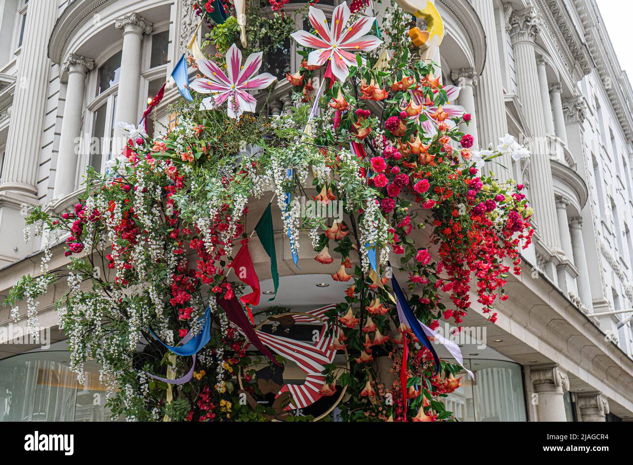30 May 2022: Flower decorations at Fenwick fashion store in Bond Street ...