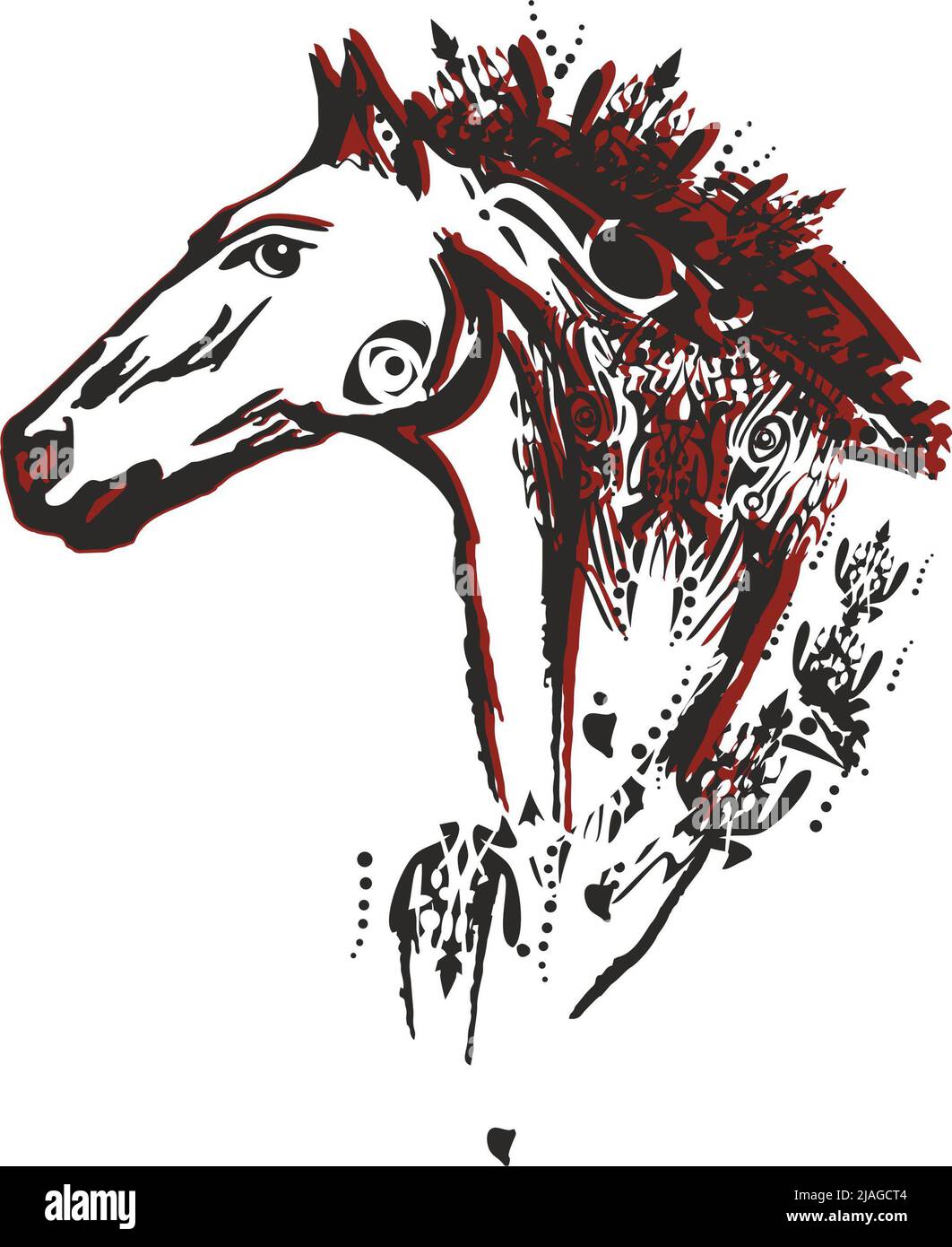 Grunge horse head symbol in black-red tones on white for emblems or ...