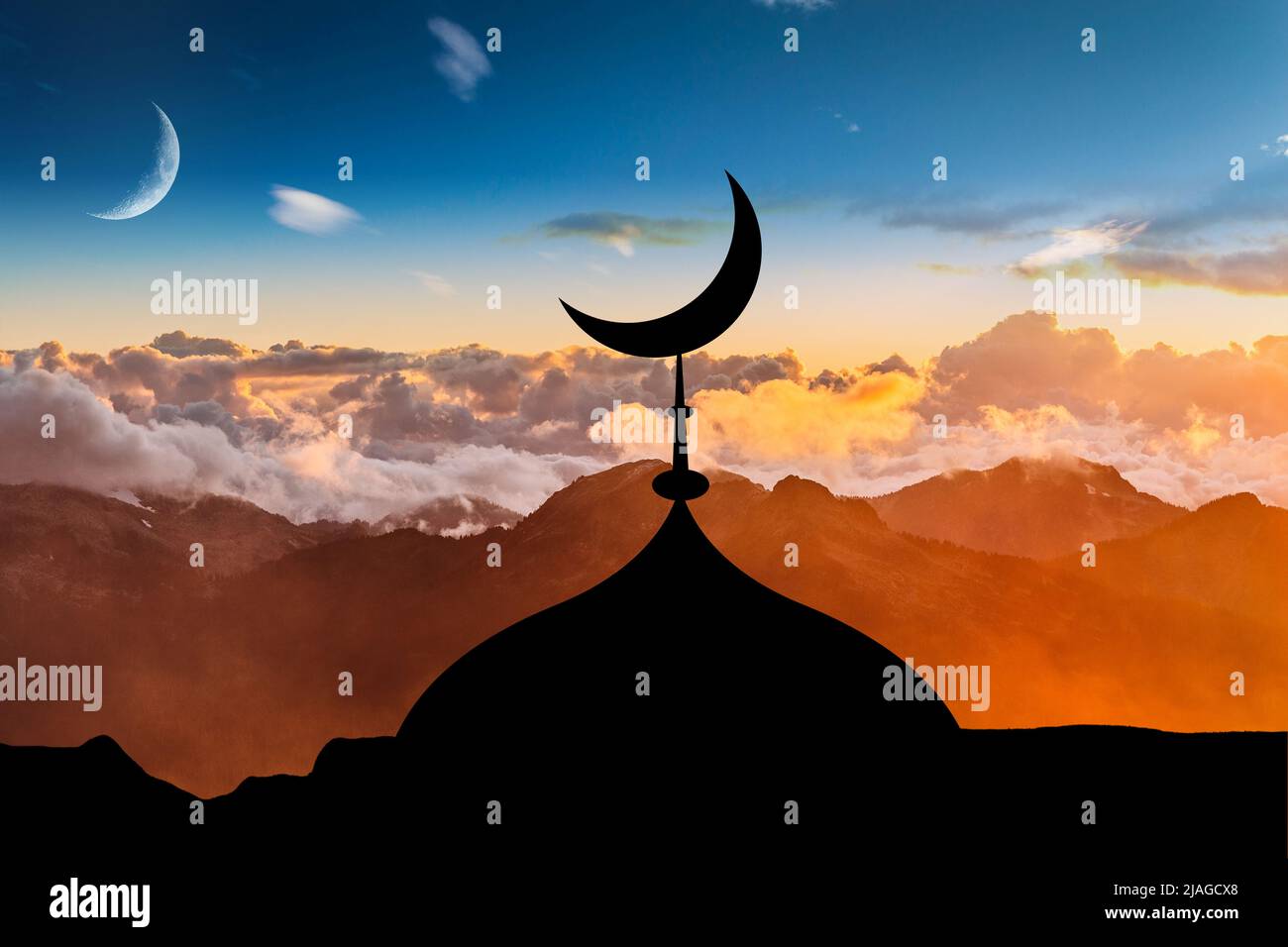 Crescent moon of Muslim mosque on sky background. Symbol of Islam on ...