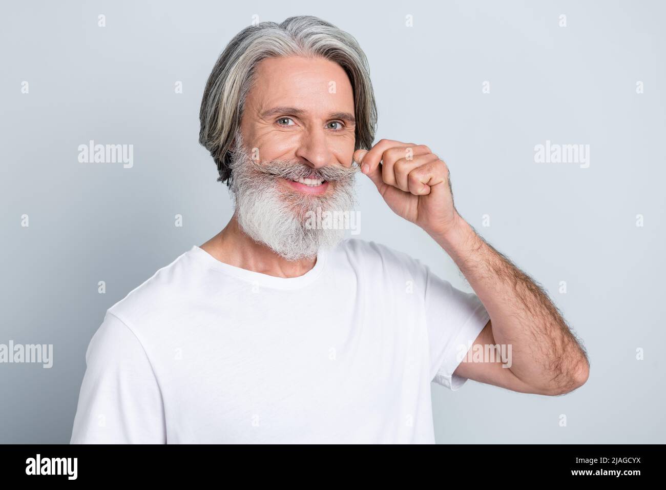 Portrait of attractive cheerful well-groomed gray-haired man touching ...