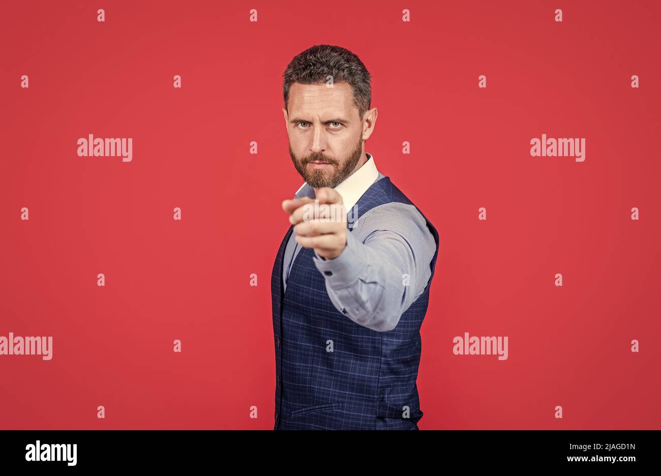 handsome man in formalwear pointing finger on camera, success Stock ...