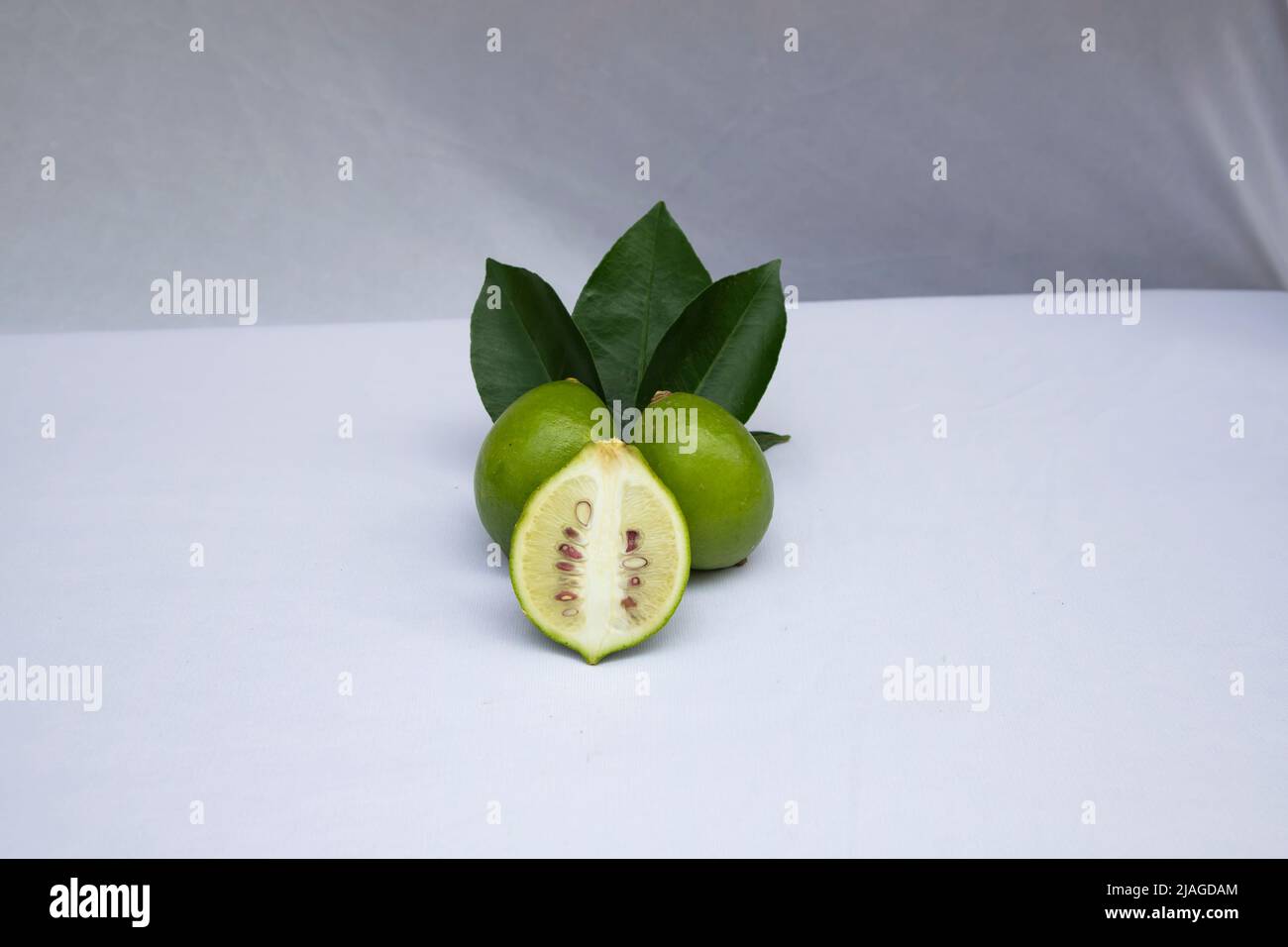 Fresh green lemon slice pieces with leaf. testy lemon fruits ...