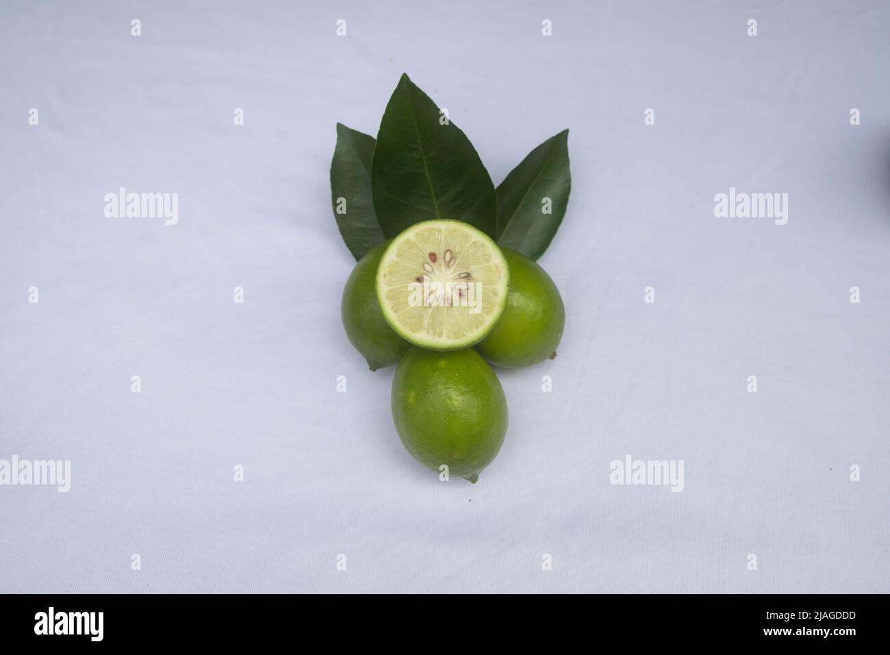 Fresh green lemon slice pieces with leaf. testy lemon fruits ...
