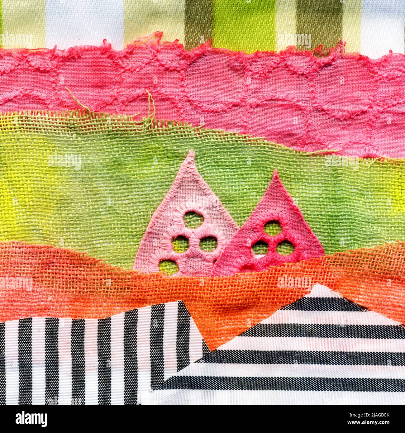 Fabric art applique Illustration. Patchwork forest landscape with trees ...