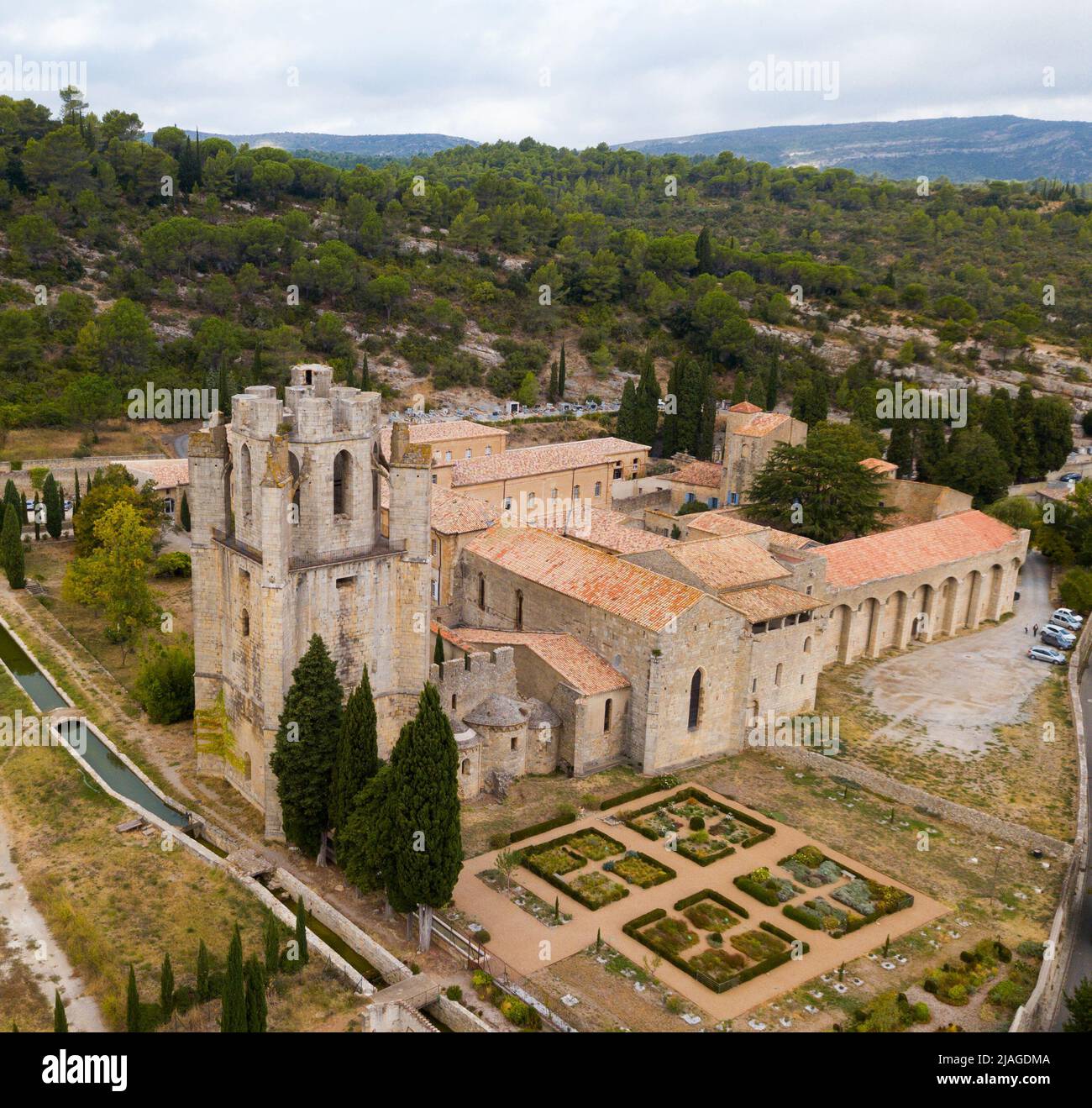 Aerial view of Castle of Abbey Sainte-Marie d'Orbieu in Lagrasse Stock ...